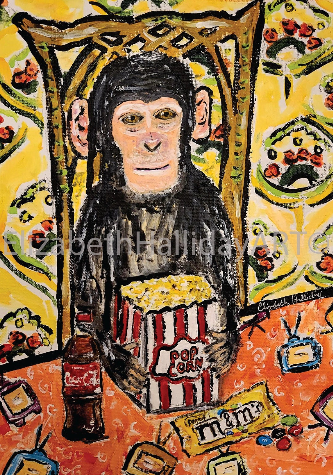 Chimp Chimpanzee Indulging in Popcorn, Coca- Cola and Peanut M & M's ...