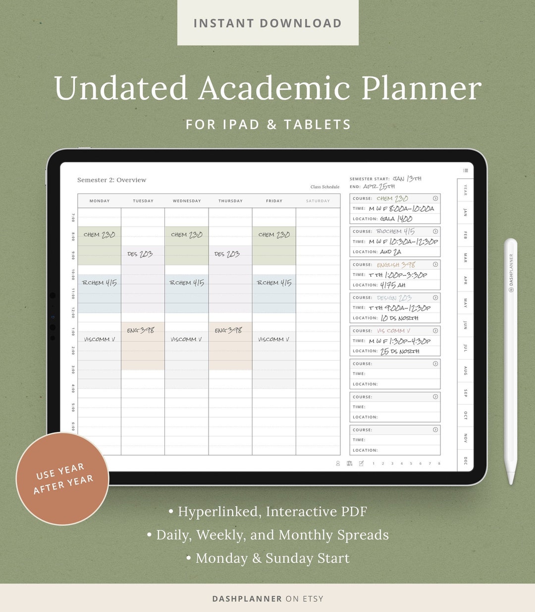 Undated Digital Academic Planner: Student iPad Agenda (digital Download ...