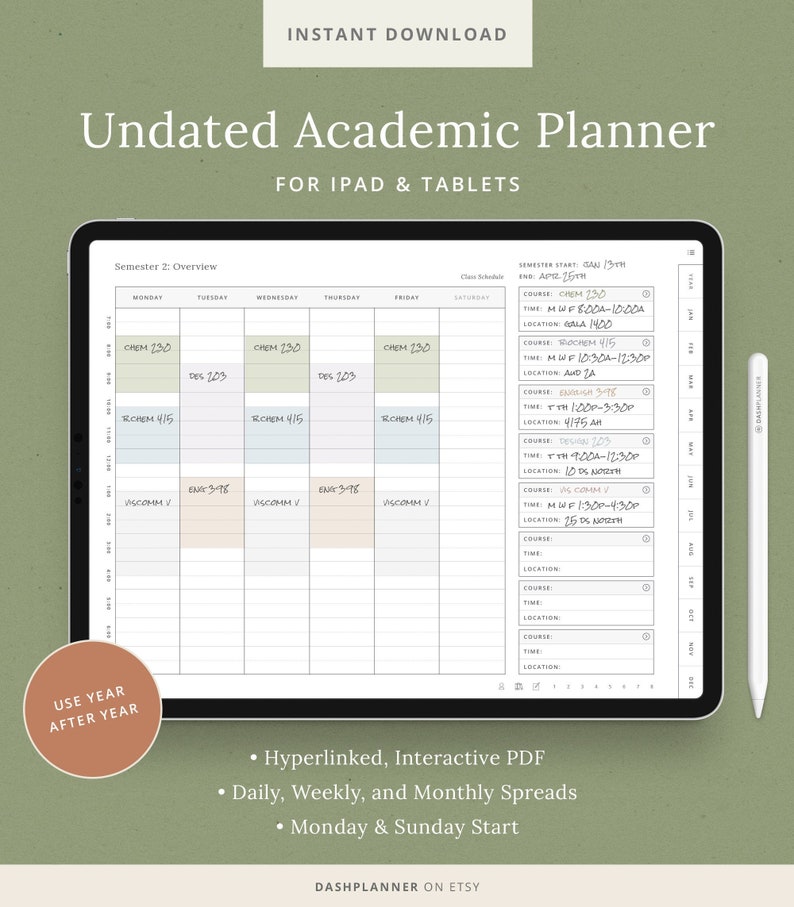 Undated Digital Academic Planner: Student iPad Agenda (digital Download ...