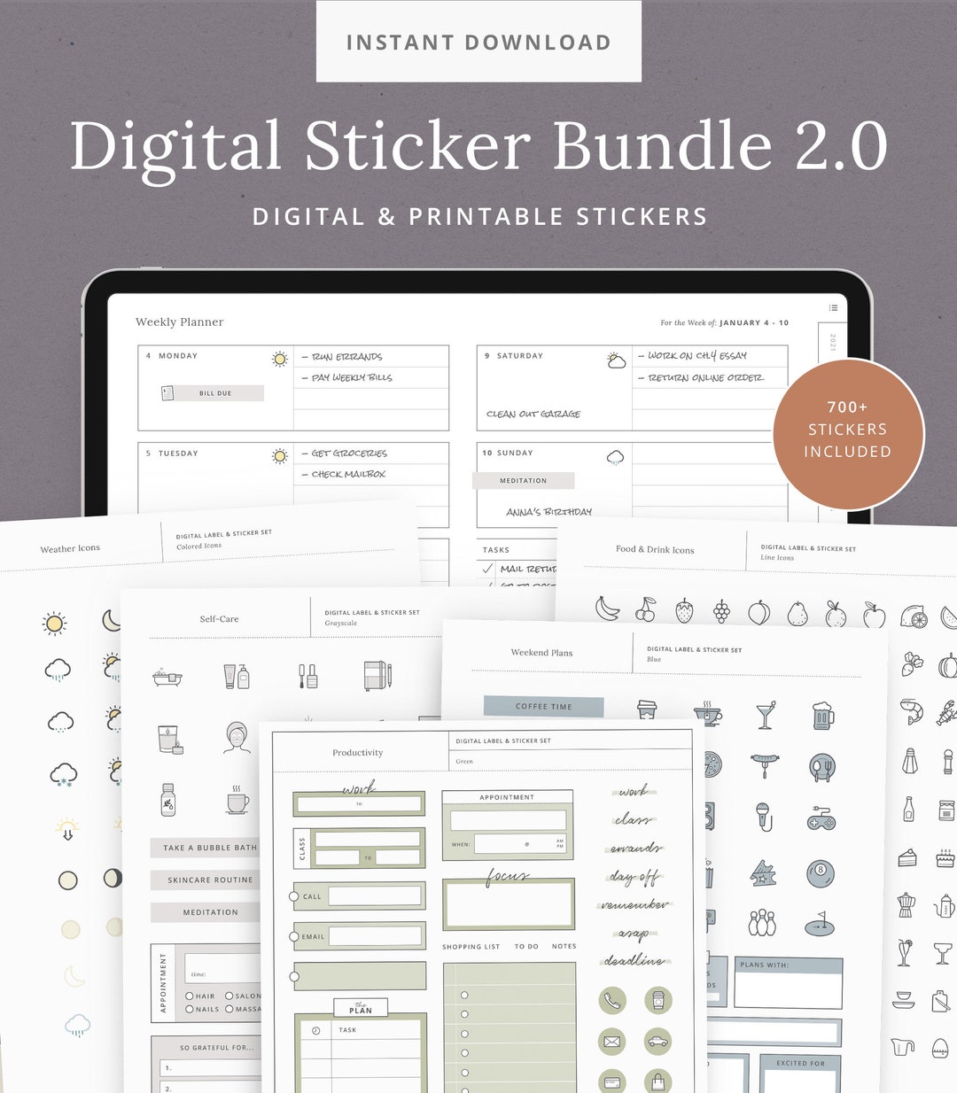 Digital Sticker Bundle 2.0 Digital Stickers for Productivity, Self-care ...
