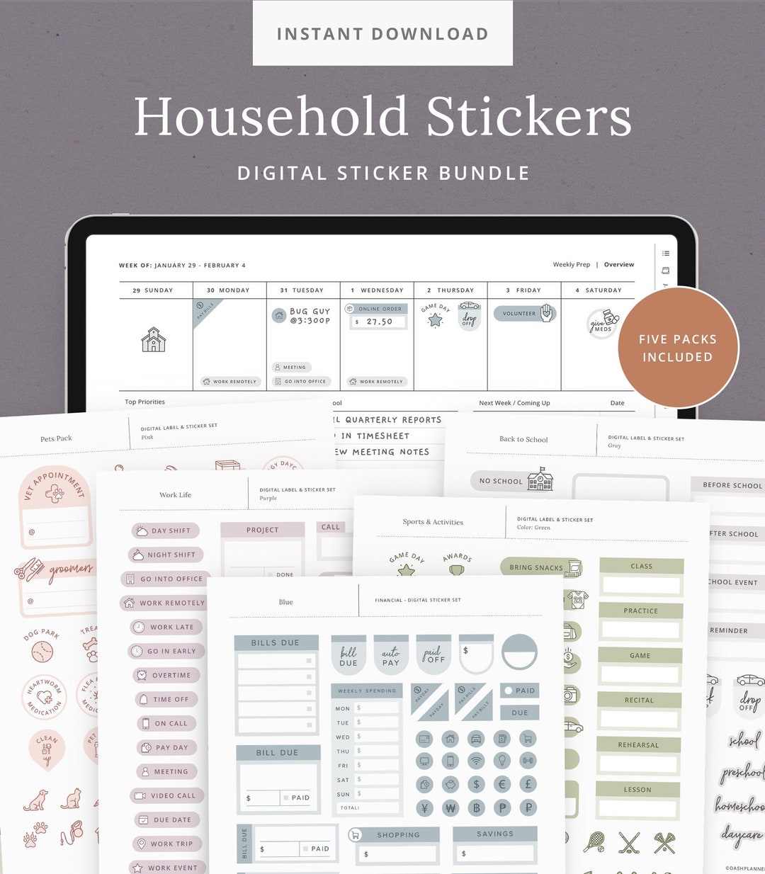 Household Digital Sticker Bundle - Digital Planner Stickers for School ...