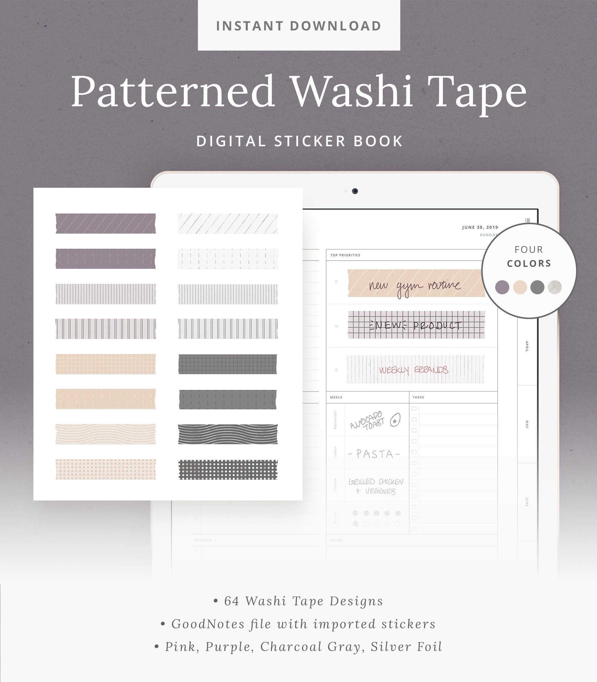Patterned Washi Digital Sticker Book for Goodnotes - Pink Purple Gray ...