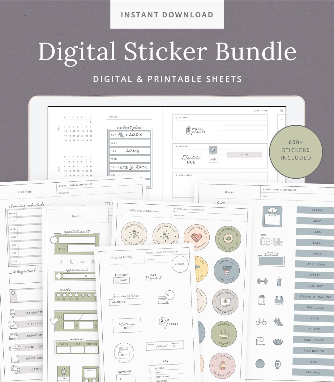 Digital Planner Sticker Bundle: Fitness, Health, Finance (600+ Stickers ...