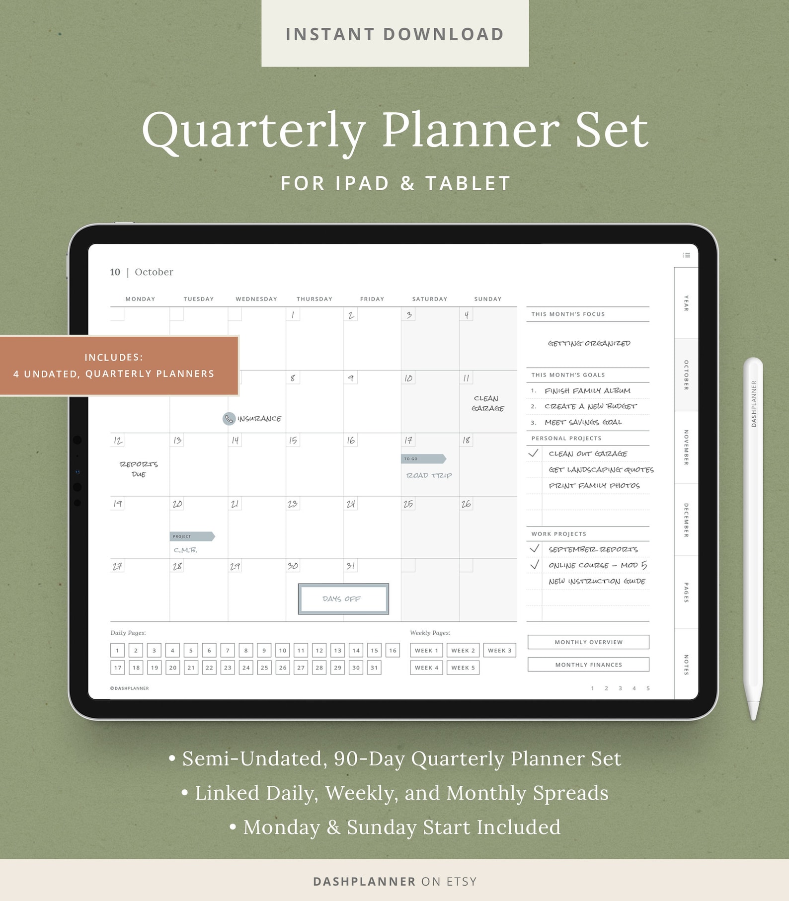 Undated Quarterly Digital Planner: 90-day Productivity Template ...