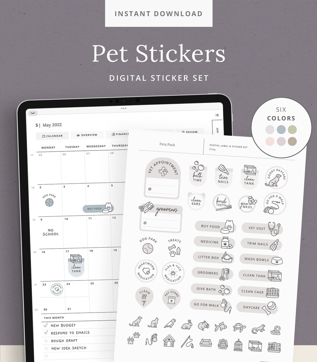 Pets Digital Sticker Set for Planners - Vet, Groomers, Clean Litter Box ...