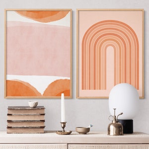 Downloadable Two Pink Orange Prints, Printable Set of 2, Geometric ...