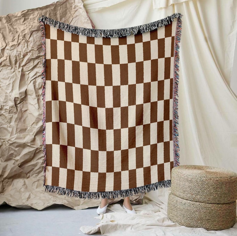 Checkerboard Woven Throw Blanket, Geometric Brown Chequers, 100% Cotton ...