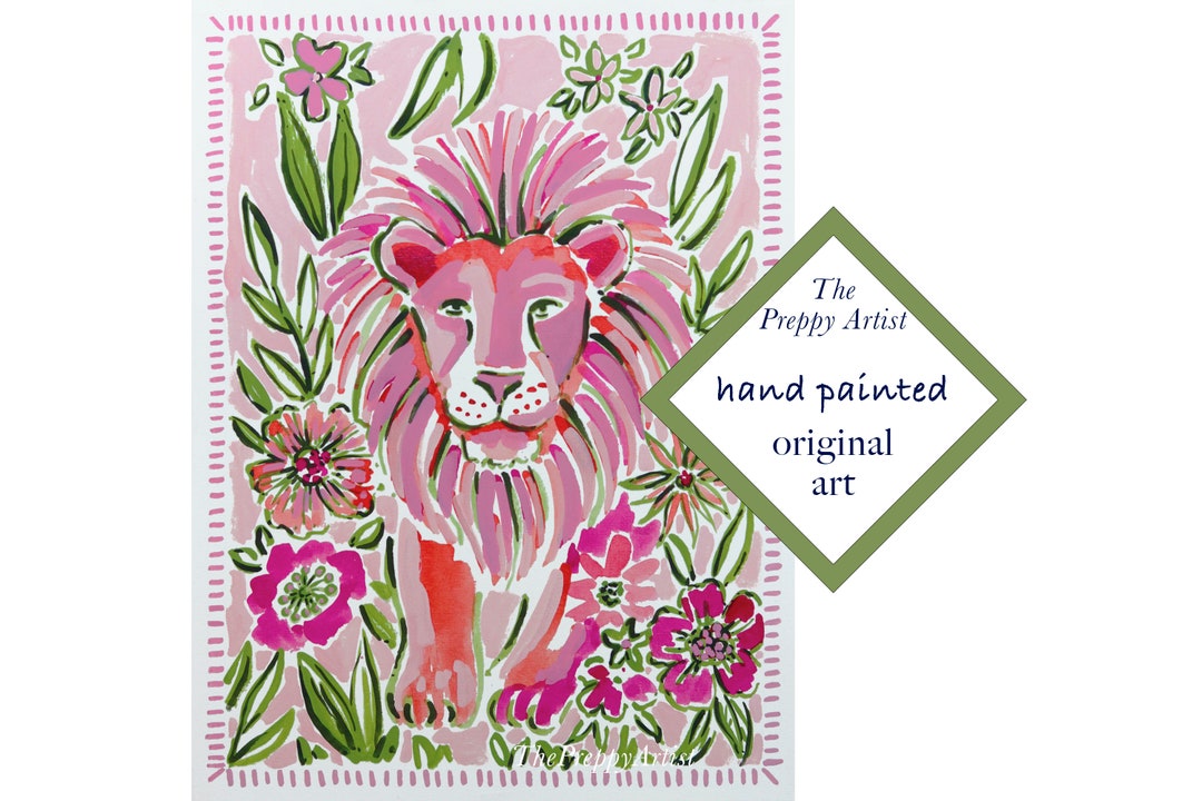 Preppy Lion Art, Preppy Original Art, Preppy Painting, Nursery Animal ...