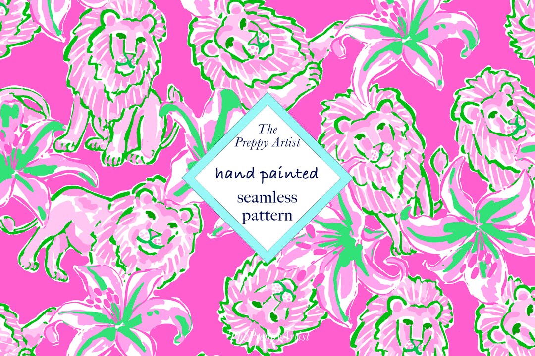 Preppy Pink and Green Lion Pattern, Seamless Lion Print, Cute Summer ...