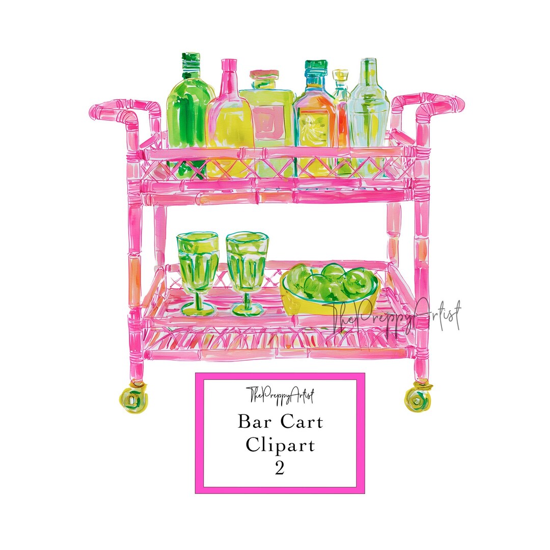 Preppy Bar Cart Clipart, Bar Cart Illustration, Sublimation, Palm Beach ...