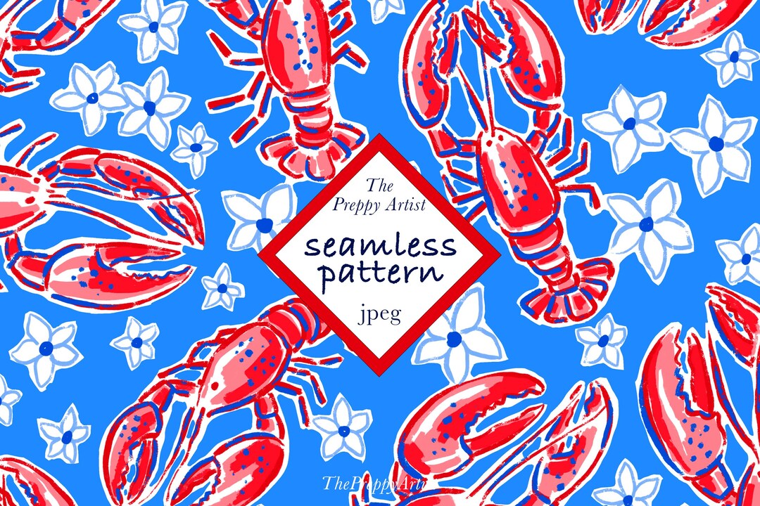 INSTANT DOWNLOAD Preppy Red and Blue Lobster Pattern, Seamless Lobster ...