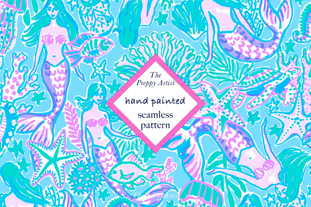 Preppy Pink and Blue Mermaid Pattern, Seamless Mermaid Print, Cute ...