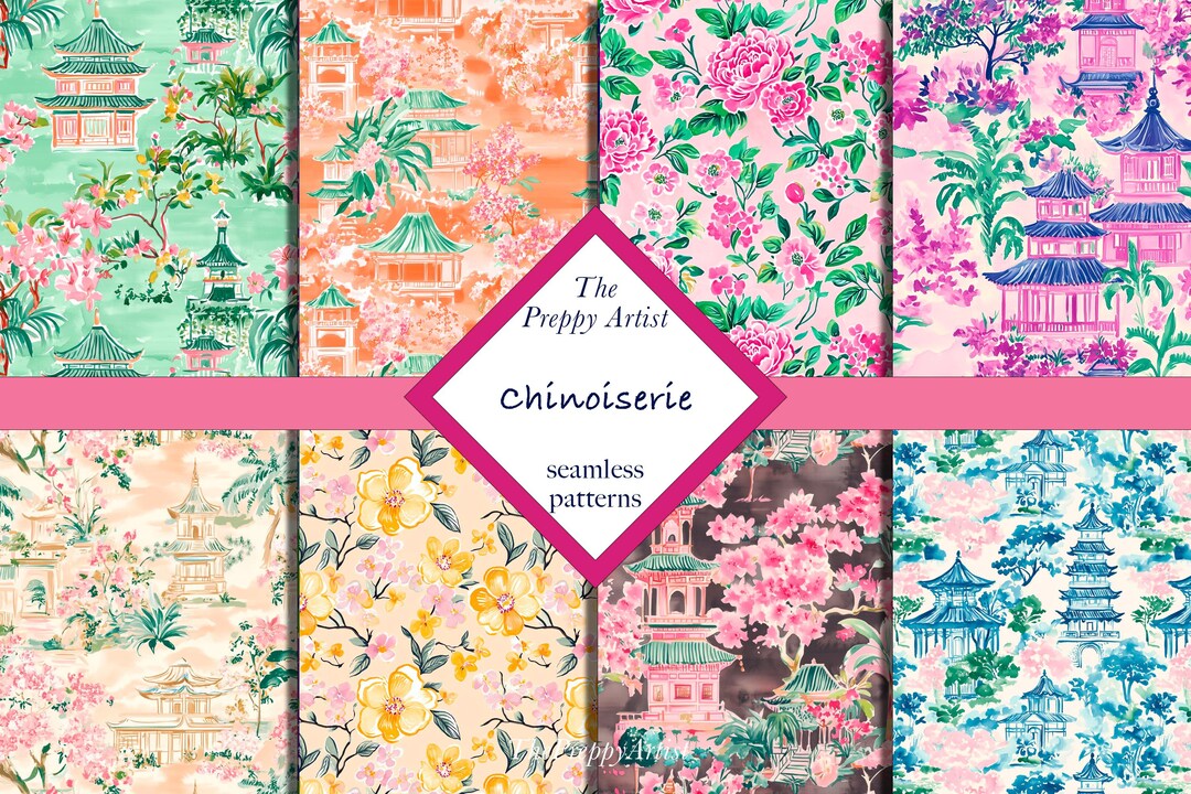 Chinoiserie Pattern Bundle, Seamless Chinoiserie Patterns, Pagoda ...