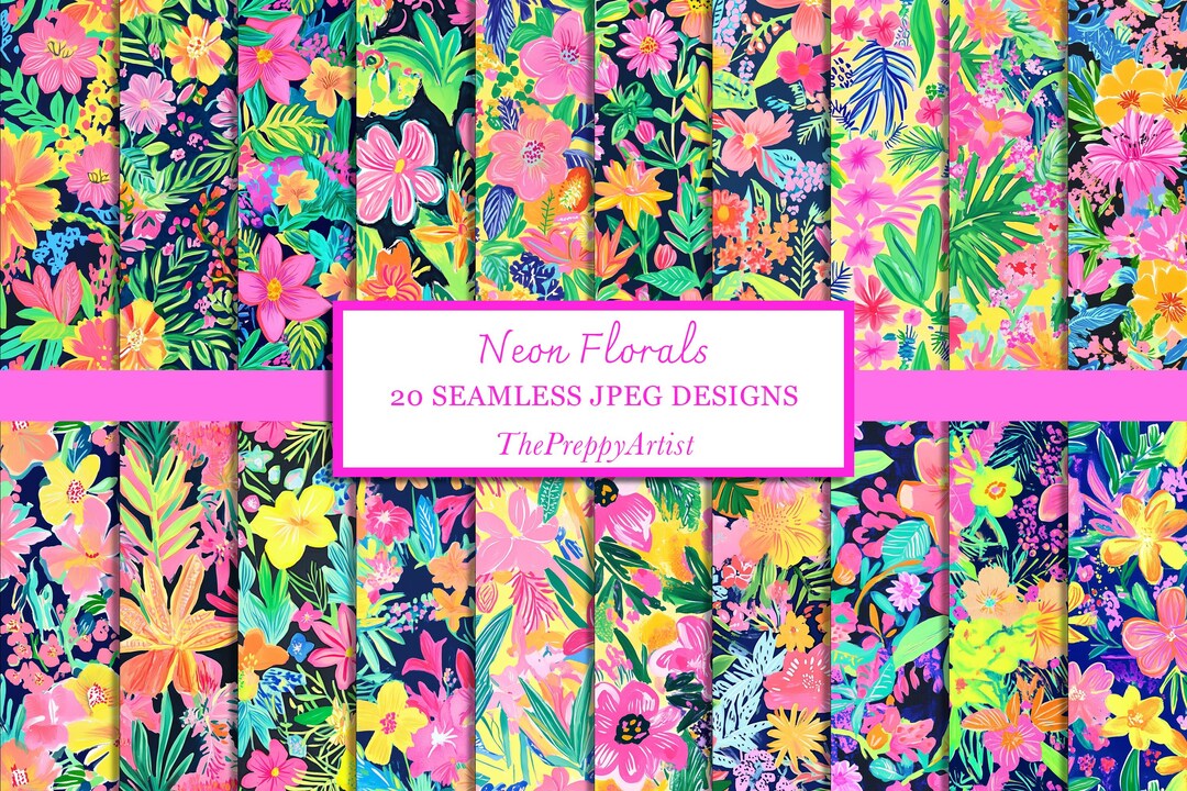 INSTANT DOWNLOAD Neon Floral Patterns, Seamless Bright Floral Designs ...