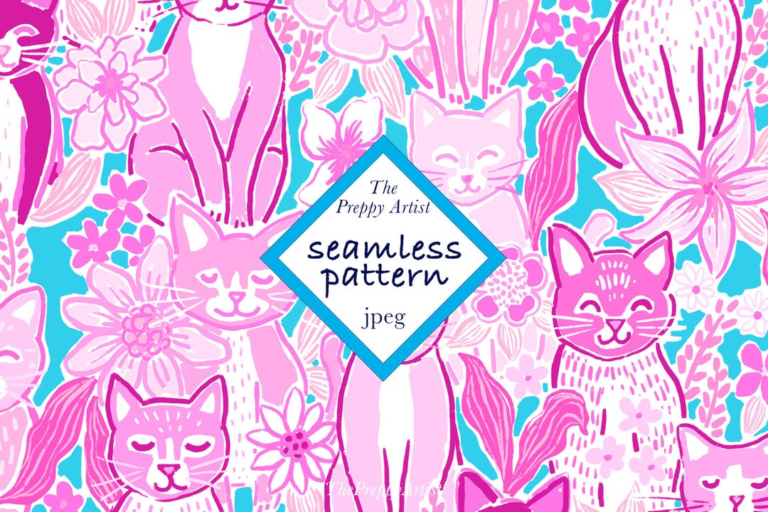 Instant Download Preppy Pink & Blue Cat Digital Pattern, Preppy Cat ...