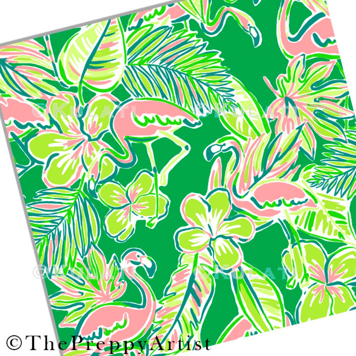 Preppy Green and Pink Flaminto Pattern, Preppy Bright Colorful Palm ...