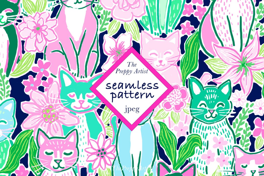 Instant Download Preppy Pastel Cat Digital Pattern, Preppy Cat Print ...