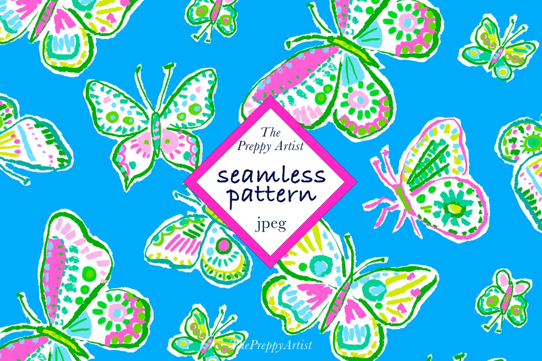 Preppy Blue and Pink Butterfly Pattern, Blue Butterfly Digital Paper ...