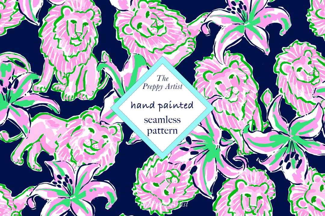 Preppy Pink and Navy Lion Pattern, Seamless Lion Print, Cute Summer ...