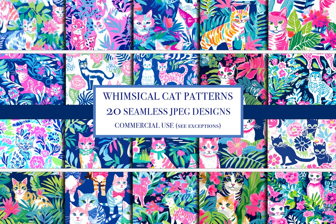 INSTANT DOWNLOAD Whimsical Cat Patterns, Preppy Digital Paper, Cute Cat ...
