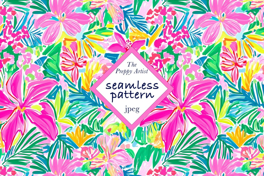 Preppy Pink and Green Floral Pattern, Seamless Preppy Floral, Seamless ...