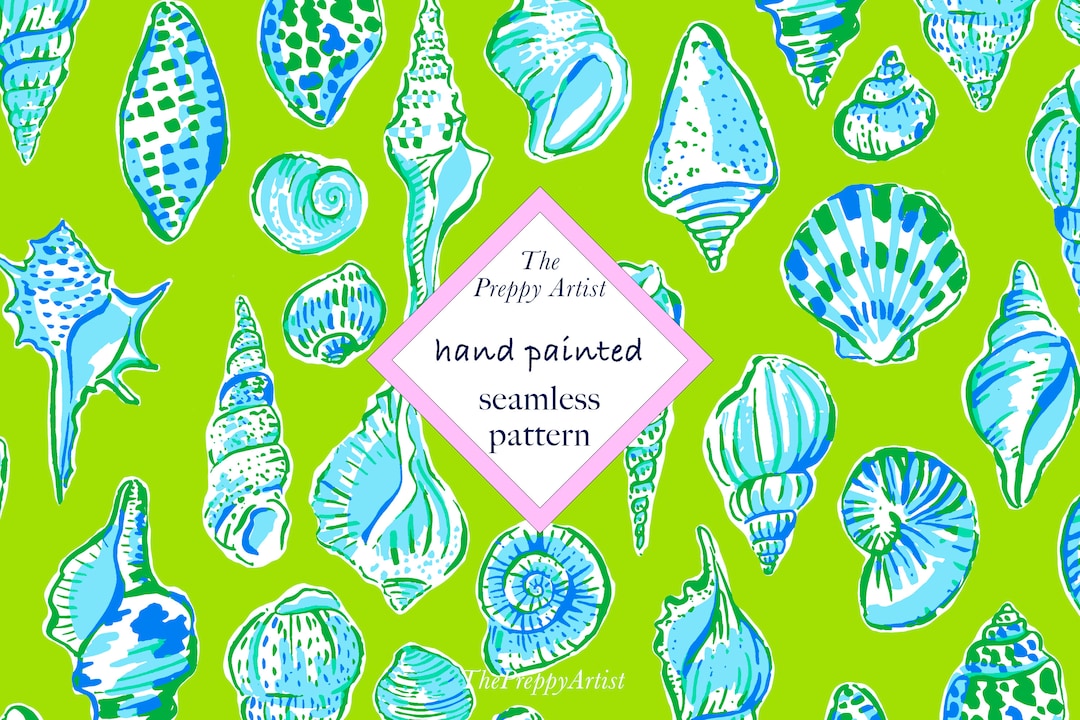 Preppy Blue and Green Seashell Pattern, Seamless Shell Print, Cute ...