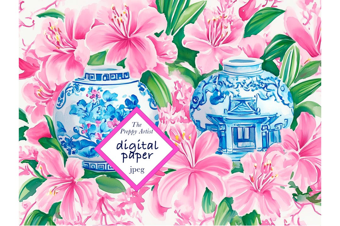 Preppy Ginger Jar Digital Paper, Ginger Jar With Flowers ...