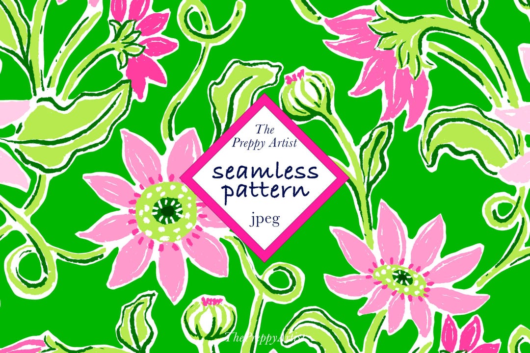 INSTANT DOWNLOAD Preppy Pink and Green Seamless Floral Pattern ...