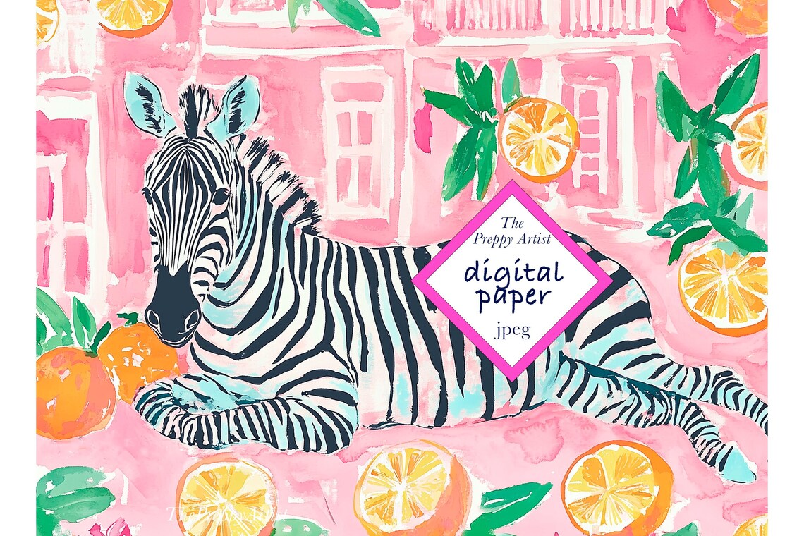Preppy Zebra With Oranges Digital Paper, Zebra Download, Preppy ...