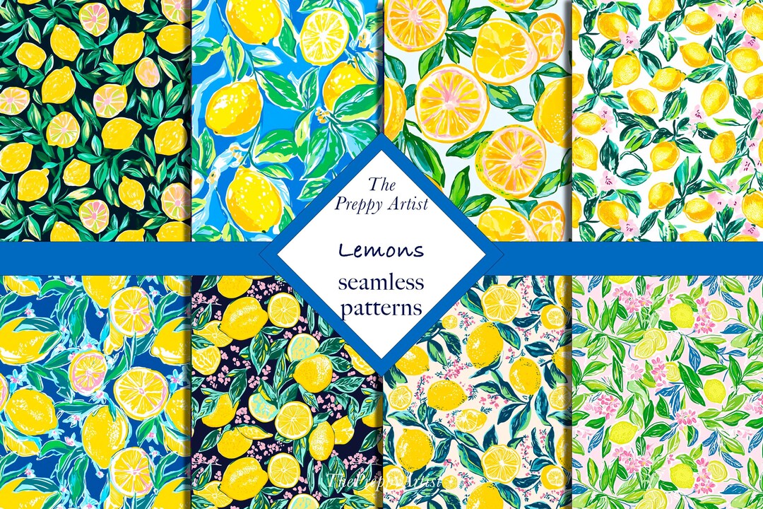 INSTANT DOWNLOAD Preppy Lemons Patterns, Seamless Lemon Designs, Lemon ...