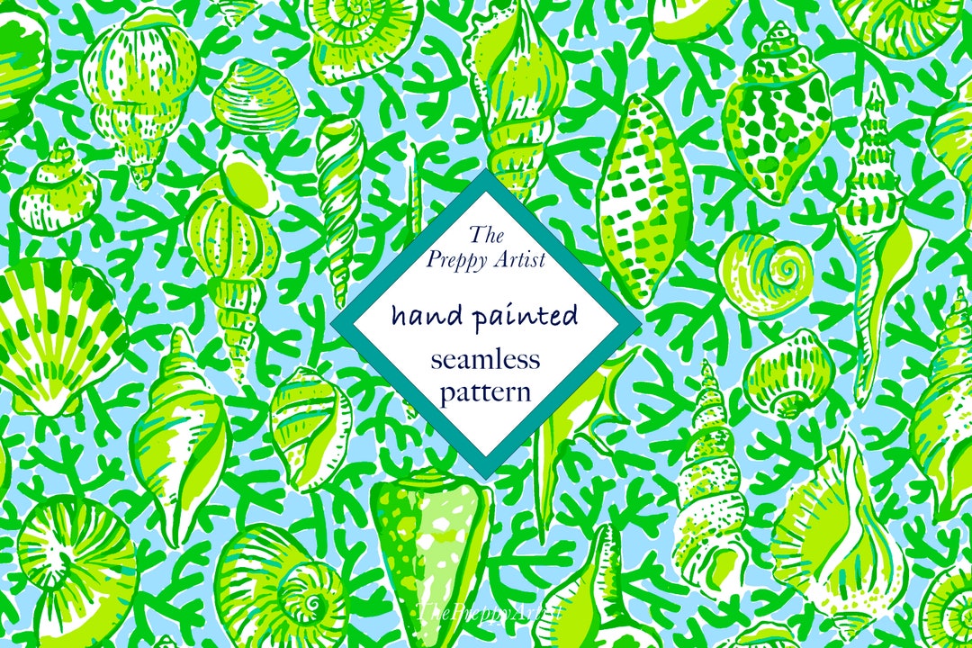 Preppy Blue and Green Seashell Pattern, Seamless Shell Print, Cute ...