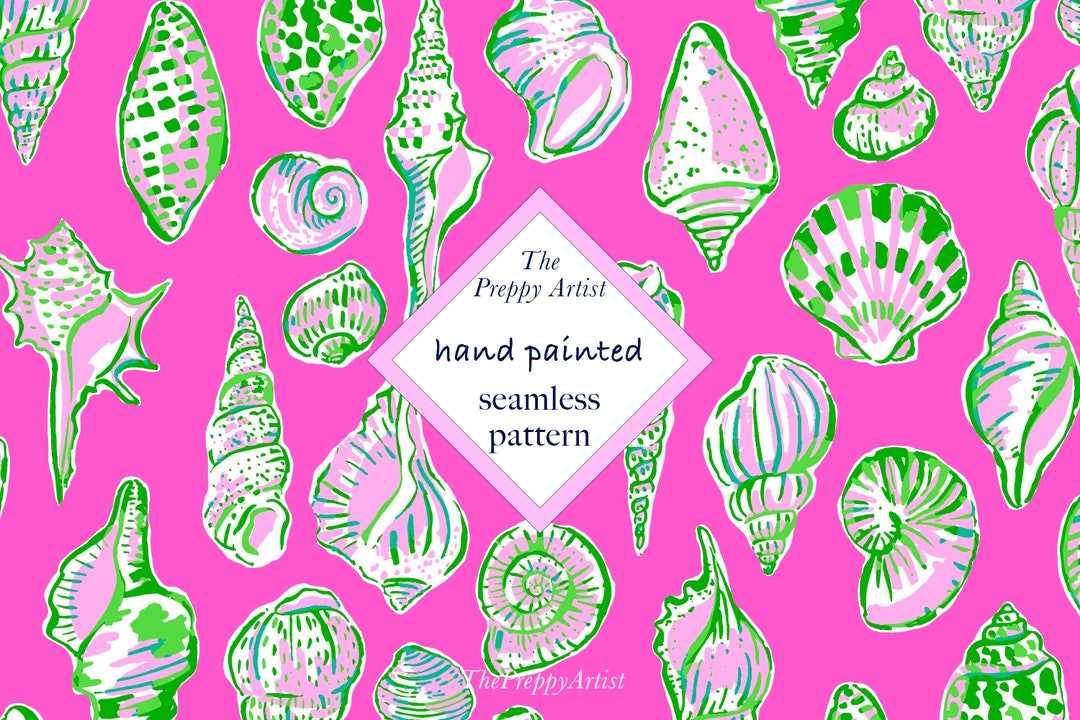 Preppy Pink and Green Seashell Pattern, Seamless Shell Print, Cute ...