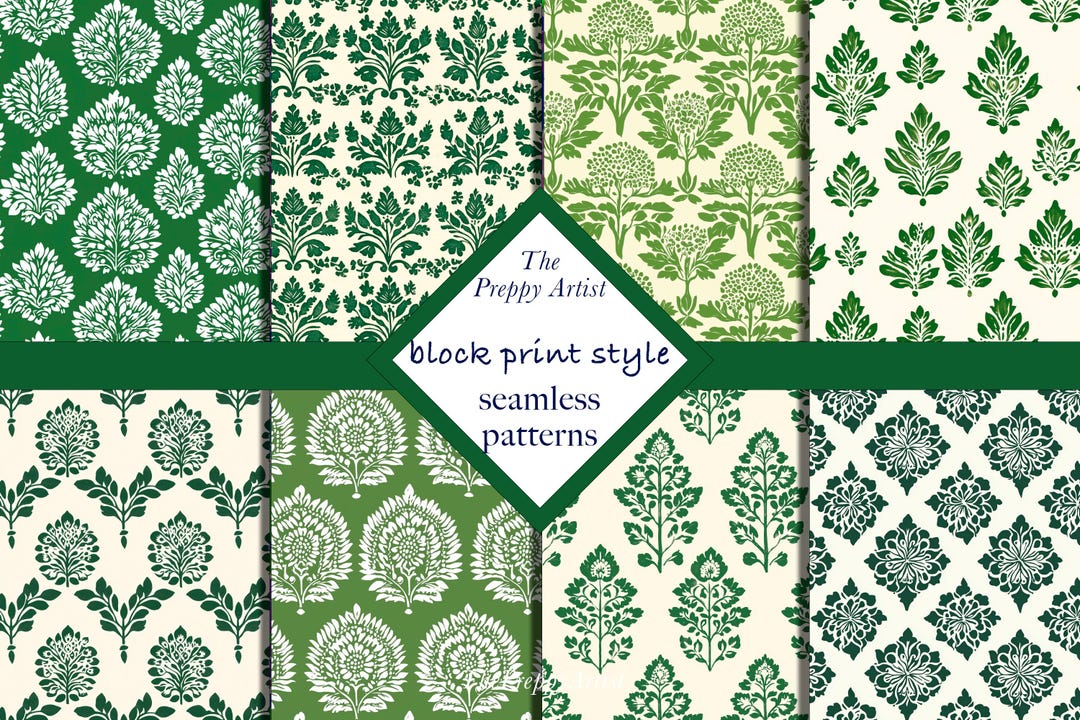 INSTANT DOWNLOAD Seamless Green Block Print Style Patterns, Seamless ...
