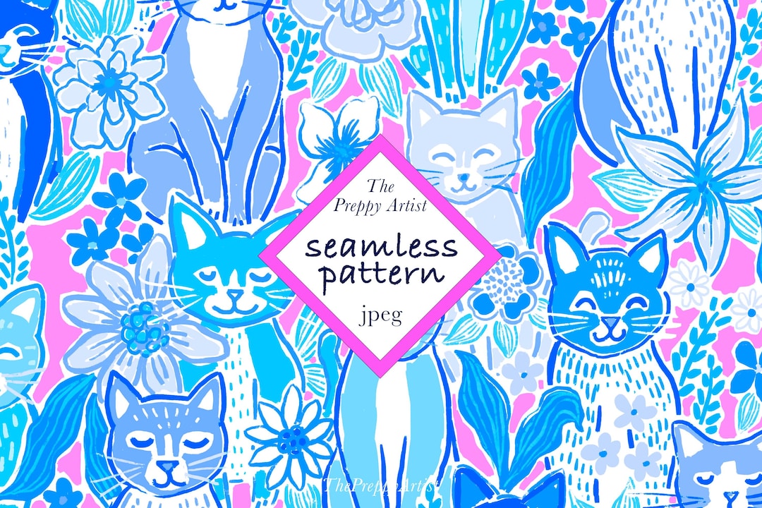 Instant Download Preppy Pink & Blue Cat Digital Pattern, Preppy Cat ...