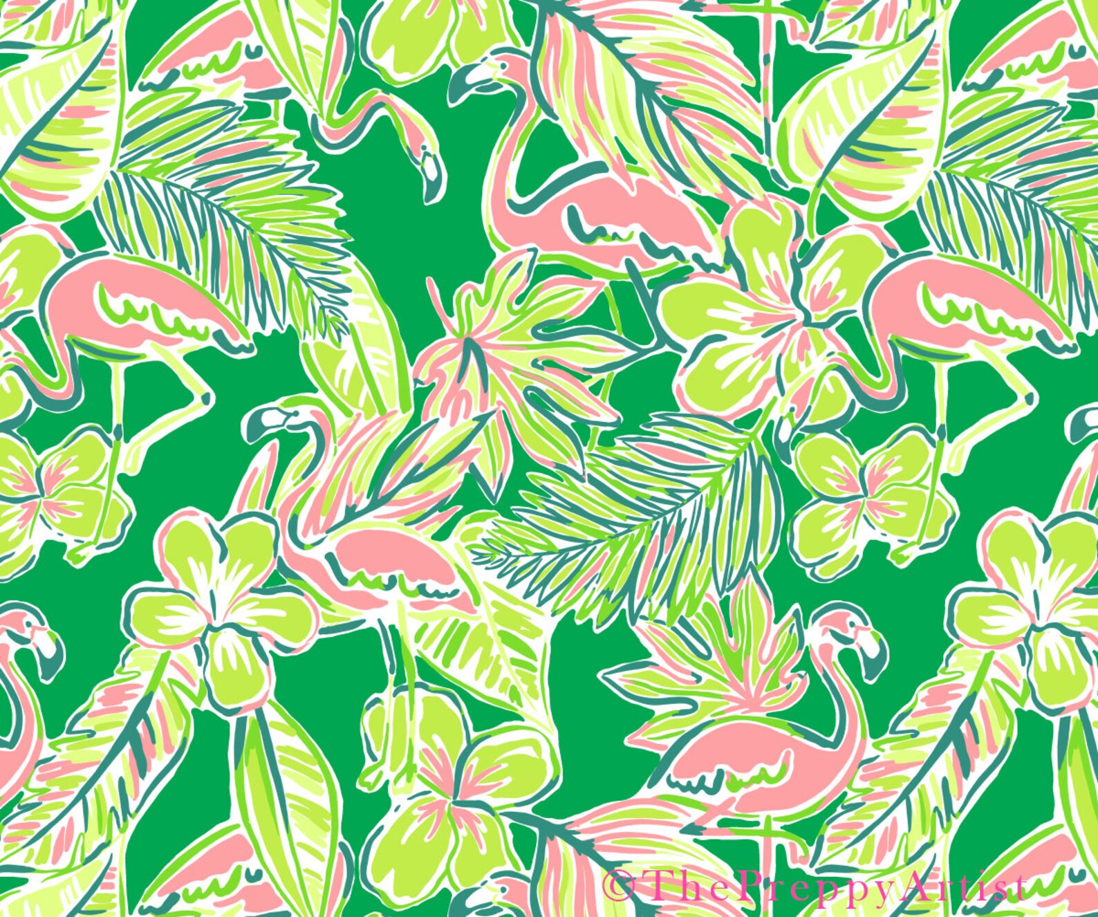 Preppy Green and Pink Flaminto Pattern, Preppy Bright Colorful Palm ...