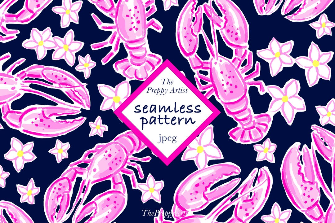 INSTANT DOWNLOAD Preppy Pink and Navy Lobster Pattern, Seamless Lobster ...