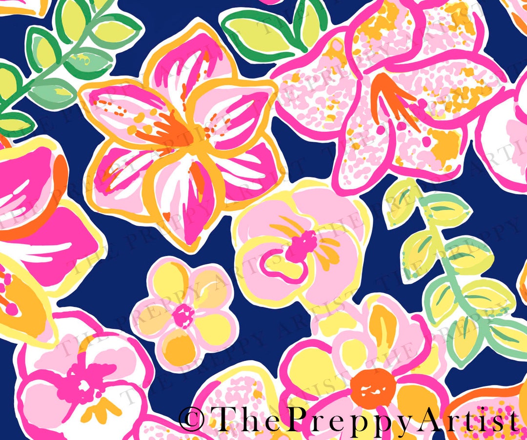 Preppy Navy Blue Pink Orange Floral Pattern Preppy Pink - Etsy