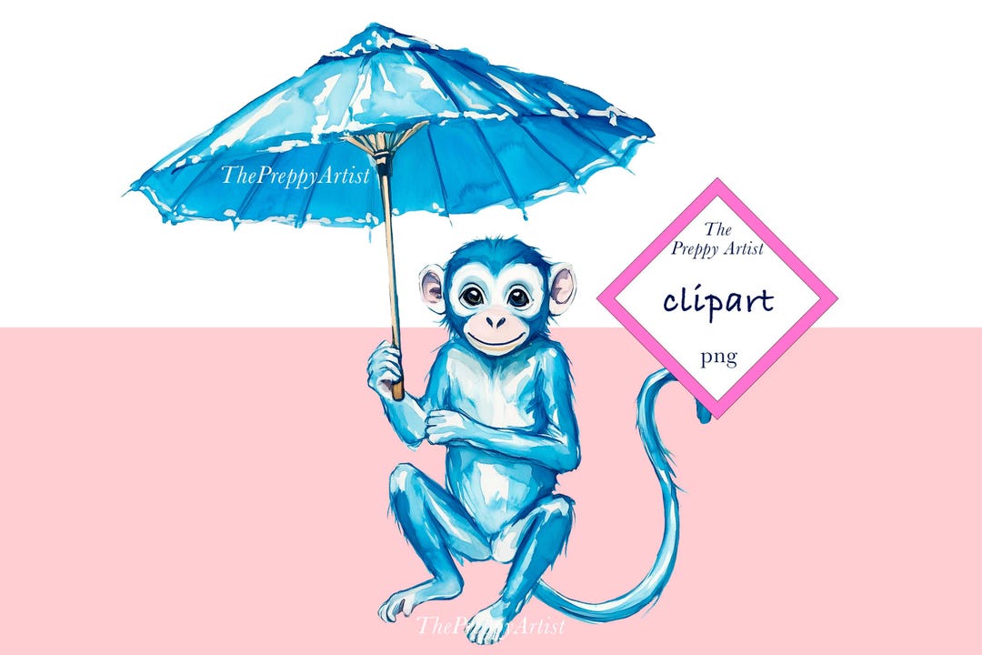 Chinoiserie Monkey Clipart, Watercolour Monkey Clipart, Blue Monkey ...
