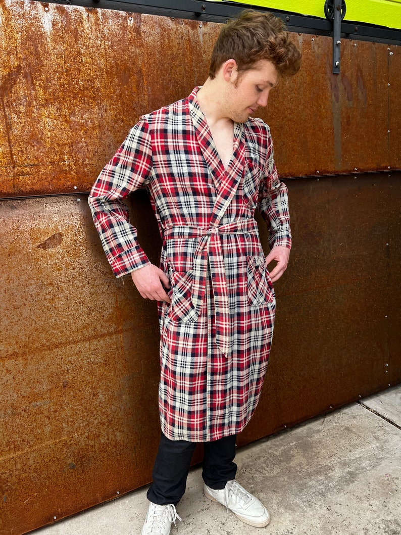 Vintage 1950s-60s Mens Plaid Flannel Robe//old Man Grandpa Shawl Collar ...