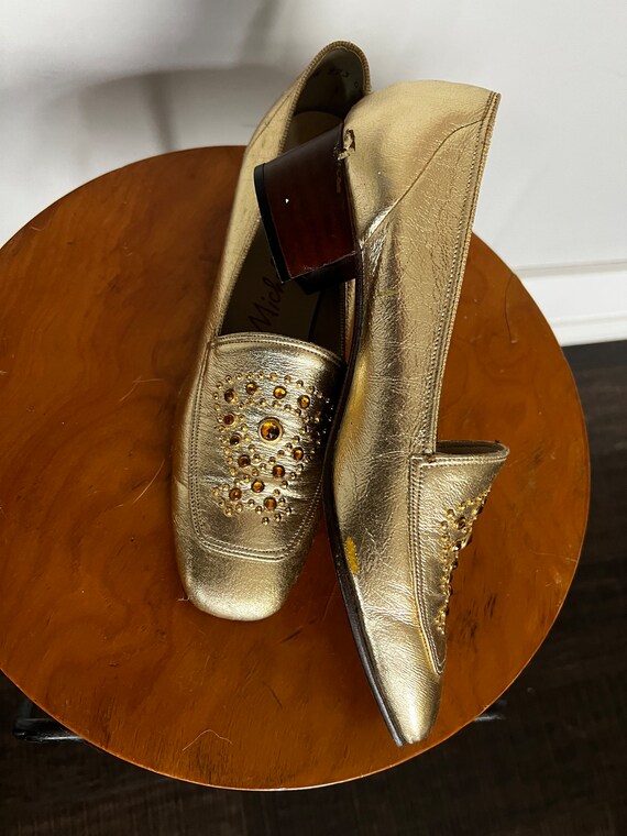 Vintage 1960s Gold Mod Jeweled loafers//Metallic gold… - Gem