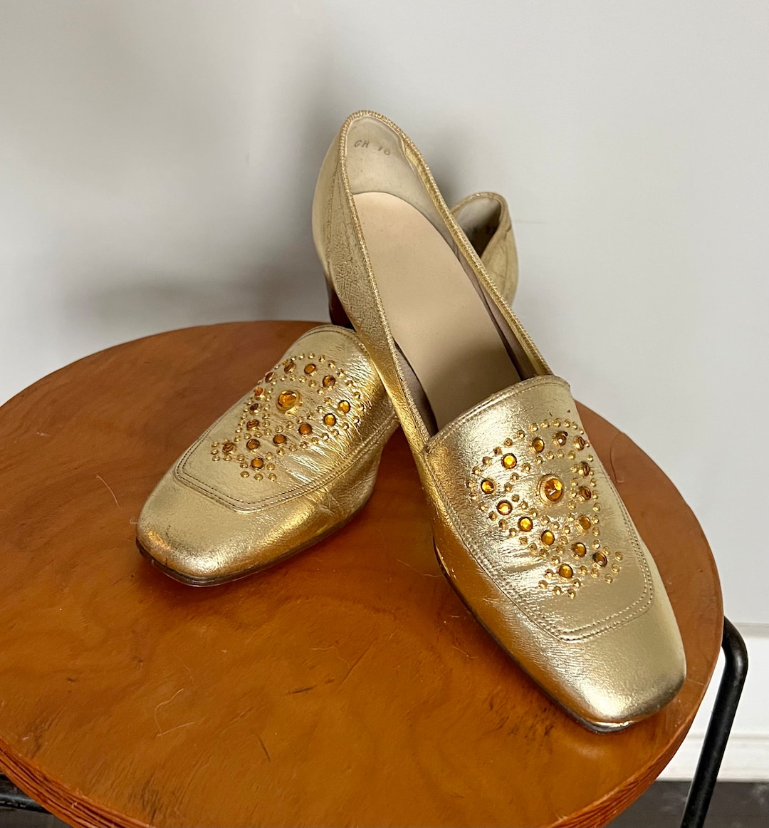 Vintage 1960s Gold Mod Jeweled Loafers//metallic Gold 60s Mod Slip-ons ...