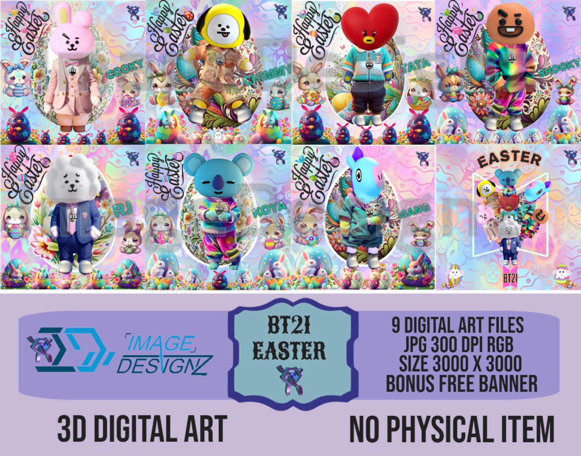 BT21 BTS Easter, 3D Digital Art, Digital Bundle, Kpop Easter Bunny ...