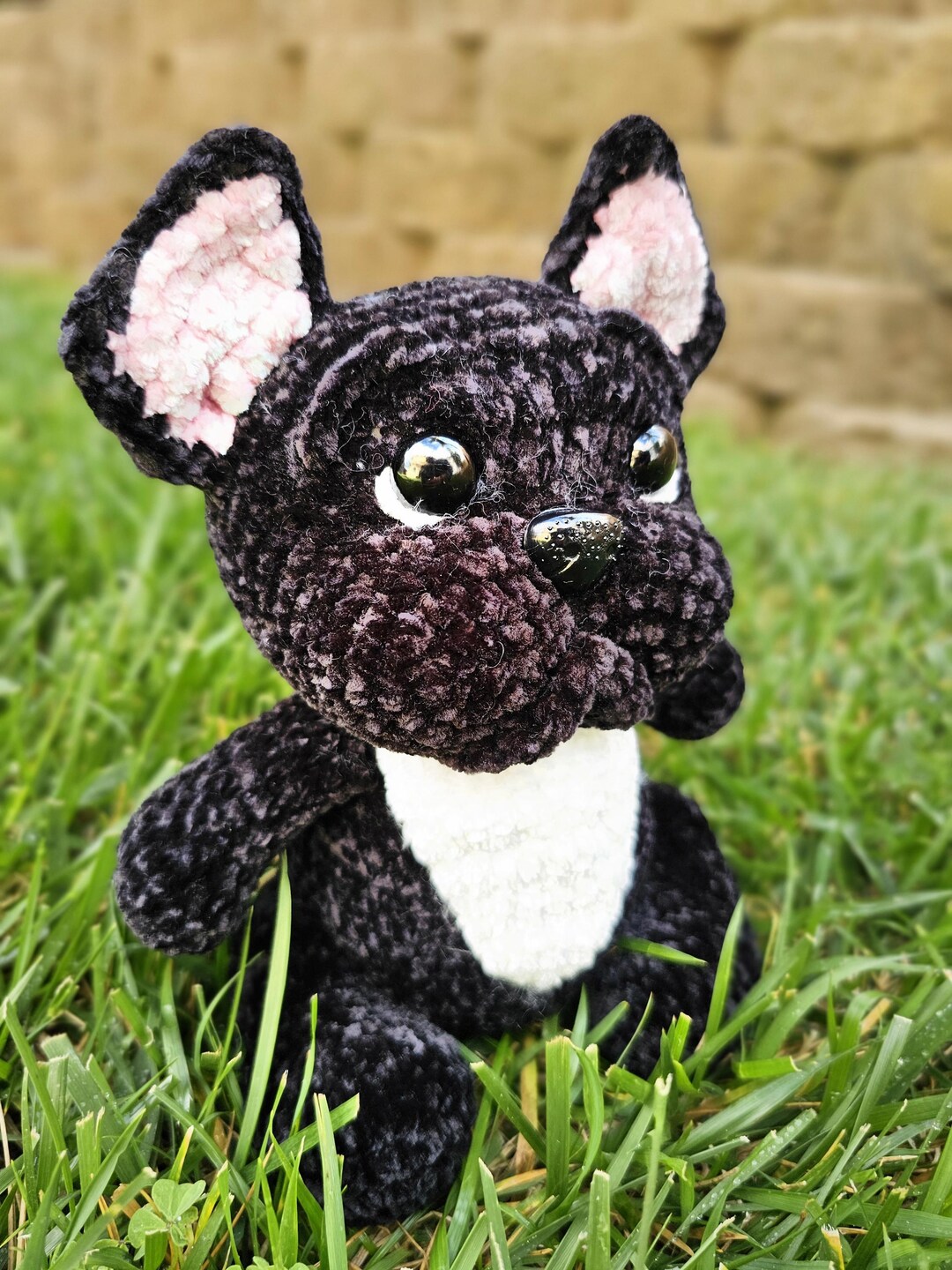 Crochet French Bulldog Plush – Handmade Black Velvet Dog Toy – Soft ...