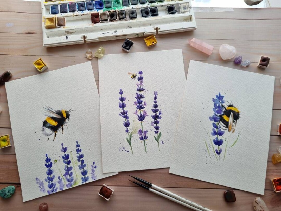 SALE Set of 3 Bee and Lavender Hand Painted Watercolour Paintings, Home ...