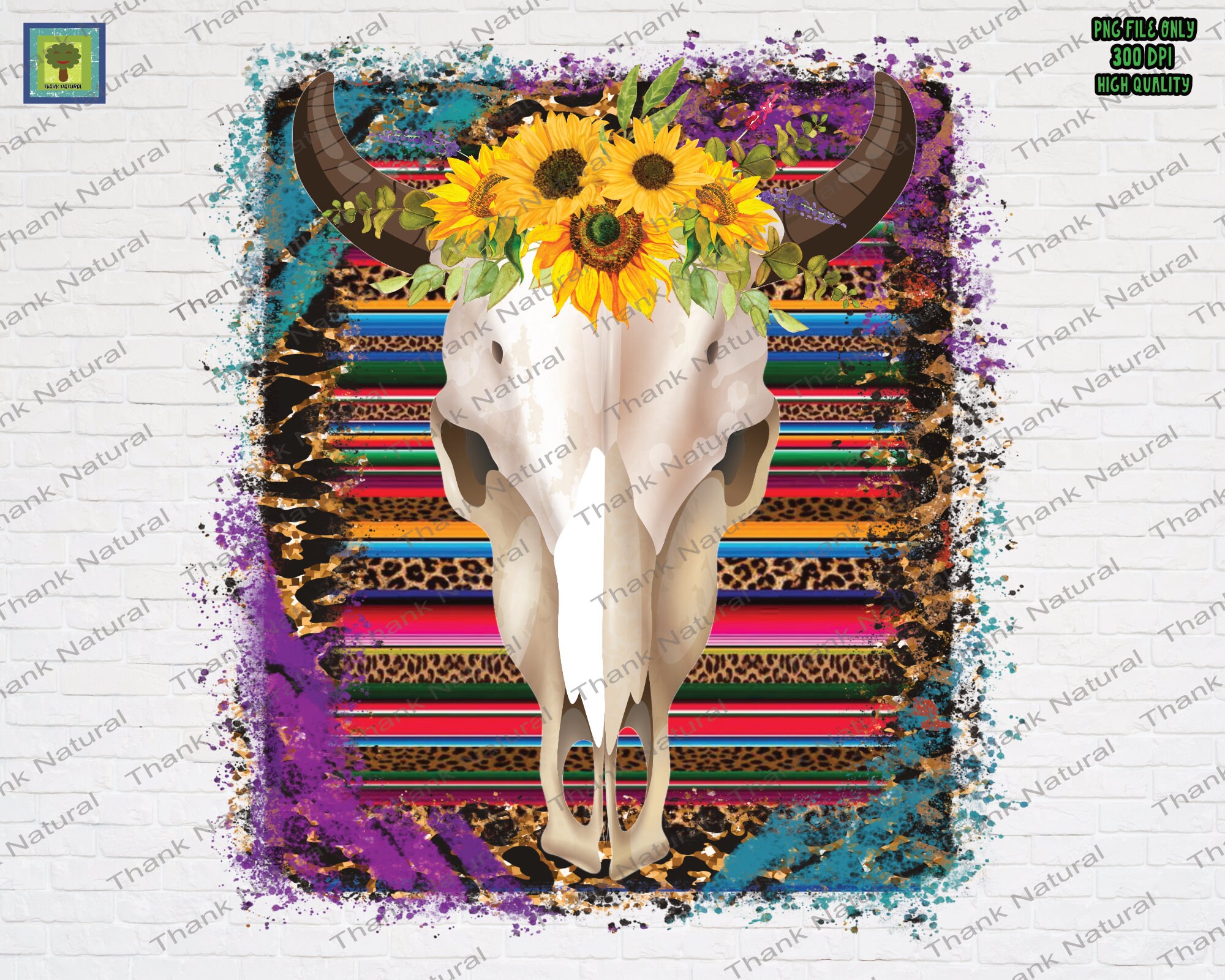 Sunflower Bull Cow Skull Serape Leopard, PNG Sublimation Digital Design ...