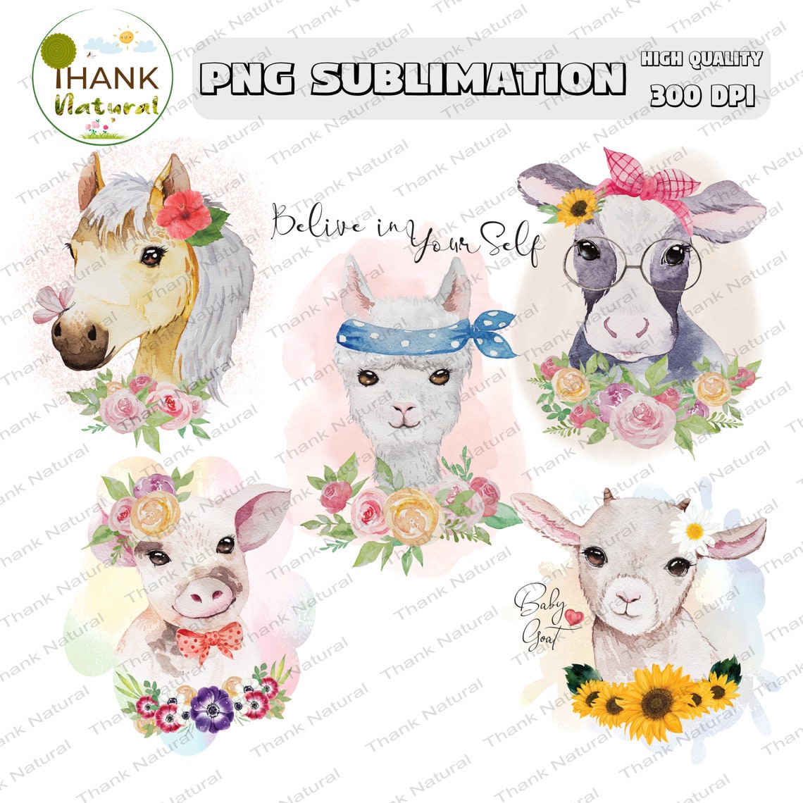 5 Bundles Animal Farm With Flower Watercolor Sublimation - Etsy