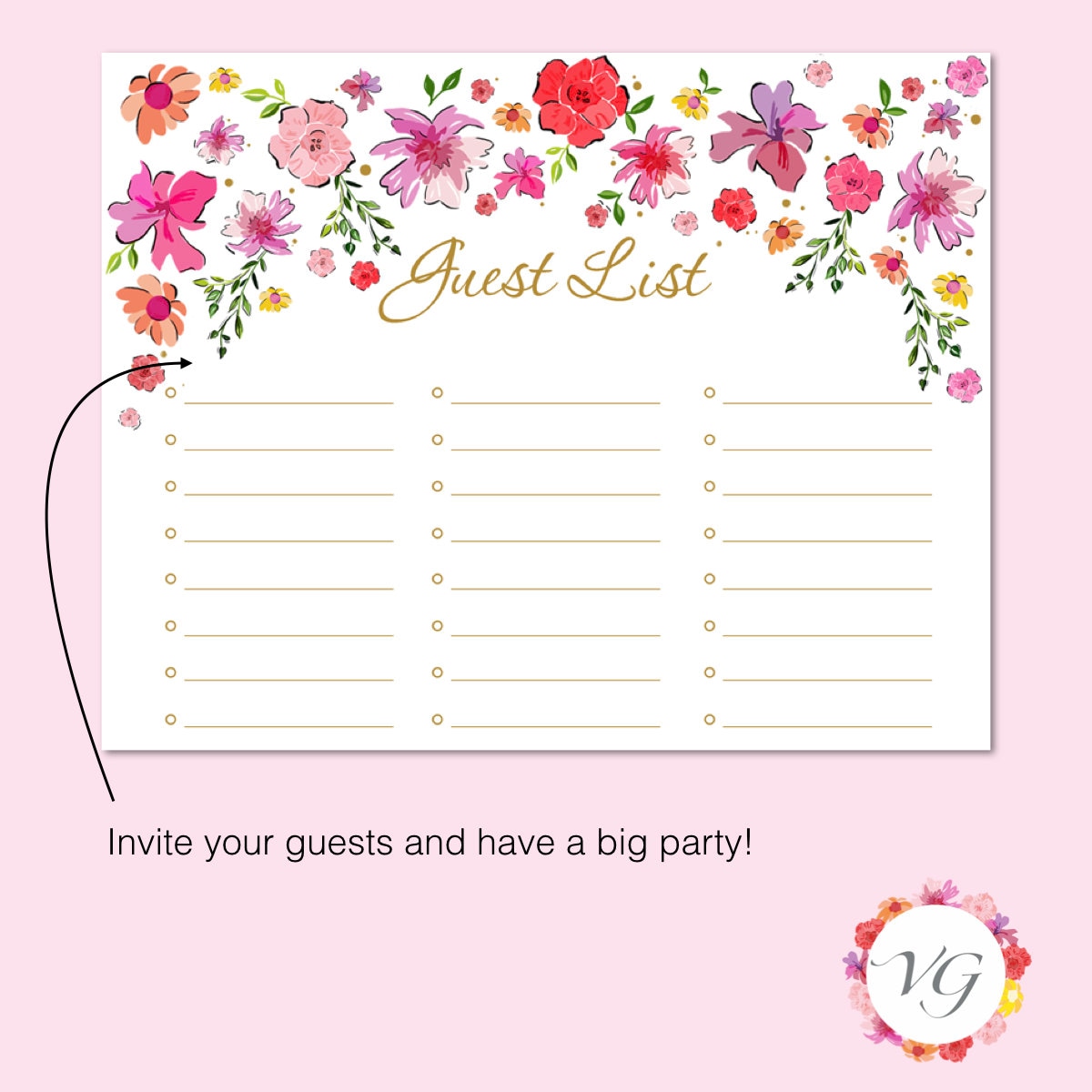 Guest List Gold Flower Todo List Wedding List INSTANT DOWNLOAD - Etsy