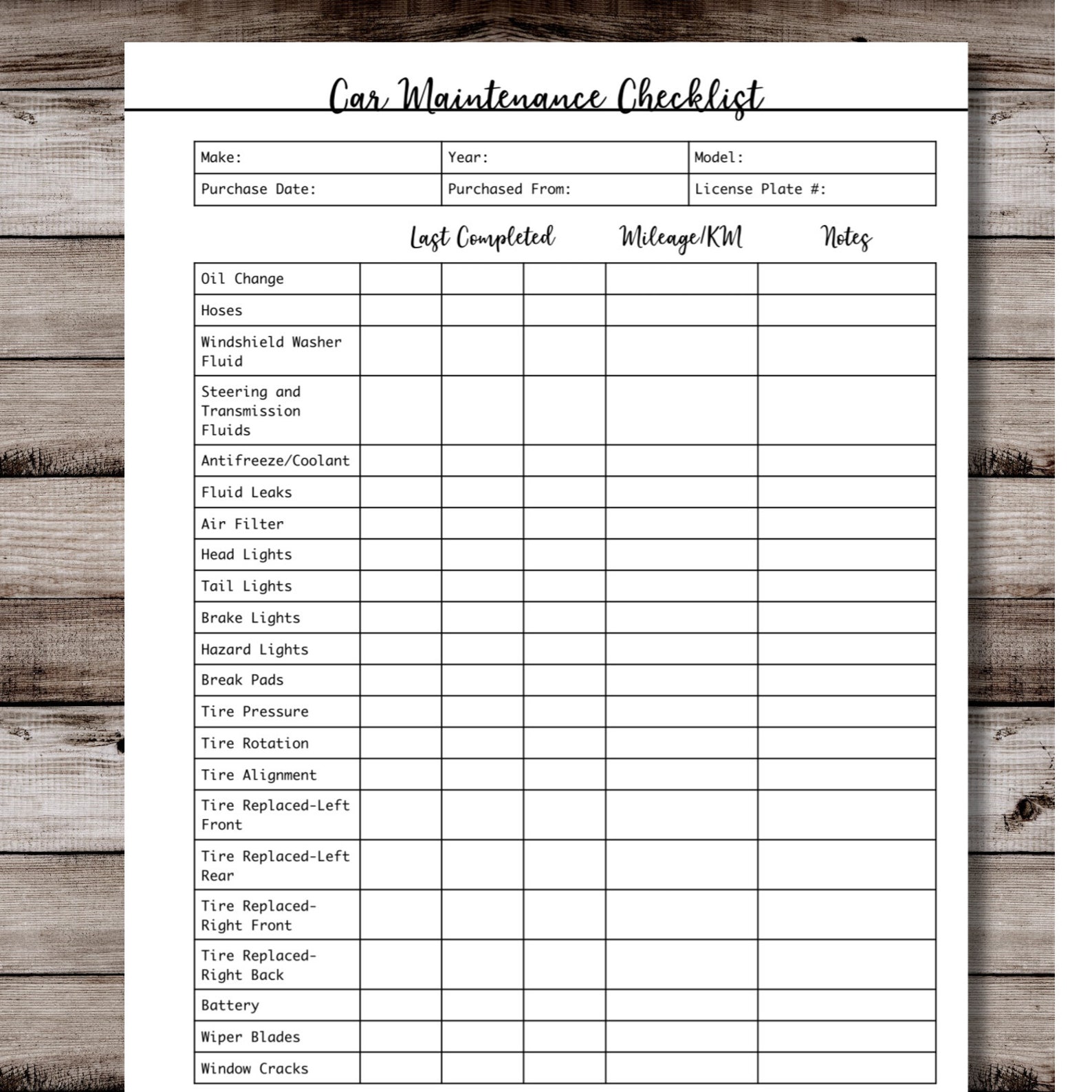 Car Maintenance Printable Checklist - Etsy