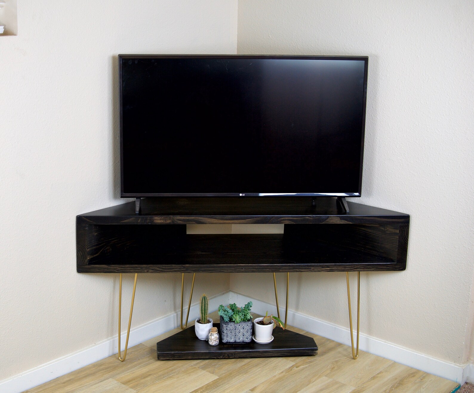 Wood Corner TV Stand | Mid Century Modern Media Console With Gold ...