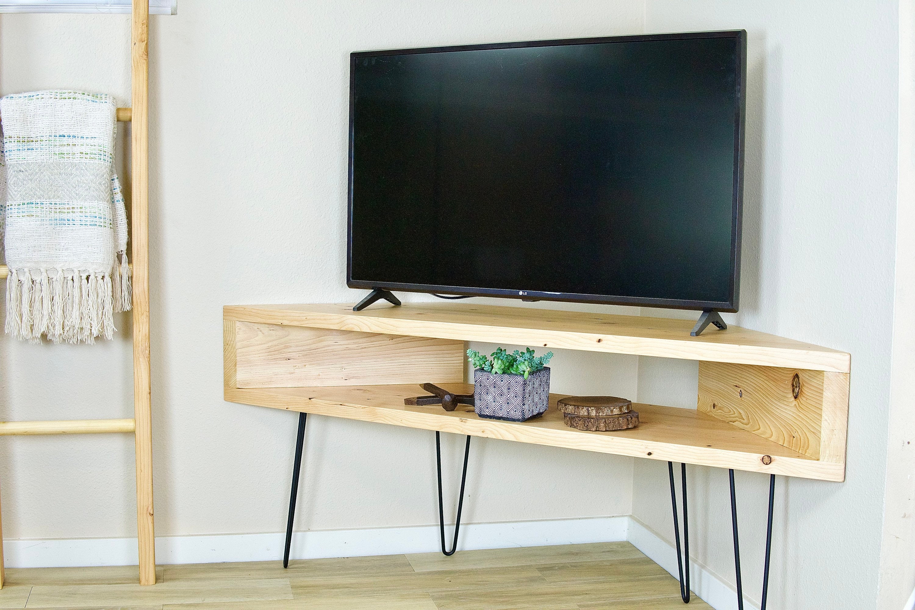 Corner Tv Console Table Wood and Hairpin Legs - Etsy
